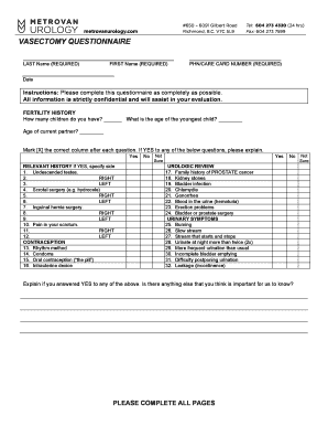 Fillable Online VASECTOMY QUESTIONNAIRE - MetroVan Urology Fax Email ...