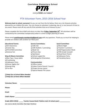 Fillable Online 2015-2016 PTA Volunteer Form - Cowlishaw Elementary ...