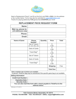 Fillable Online Replacement Pieces Form PDF - Thinkfun Fax Email Print ...
