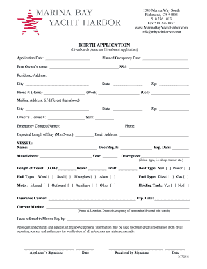 Fillable Online Berth Application. Berth Application Form Fax Email ...