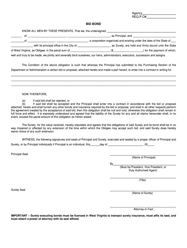 Fillable Online Bid Bond Form - State of West Virginia Fax Email Print ...