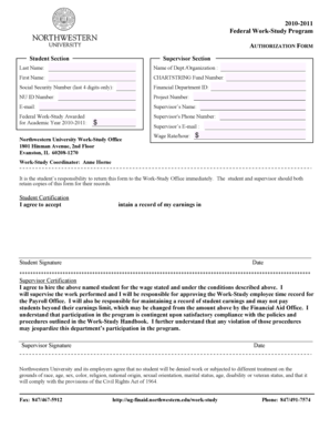 Fillable Online 20102011 Federal WorkStudy Program AUTHORIZATION FORM ...