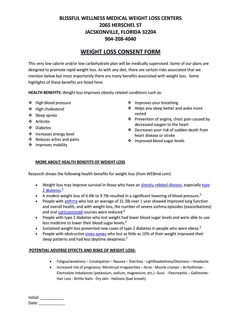 Fillable Online WEIGHT LOSS CONSENT FORM - Blissful Wellness Fax Email ...