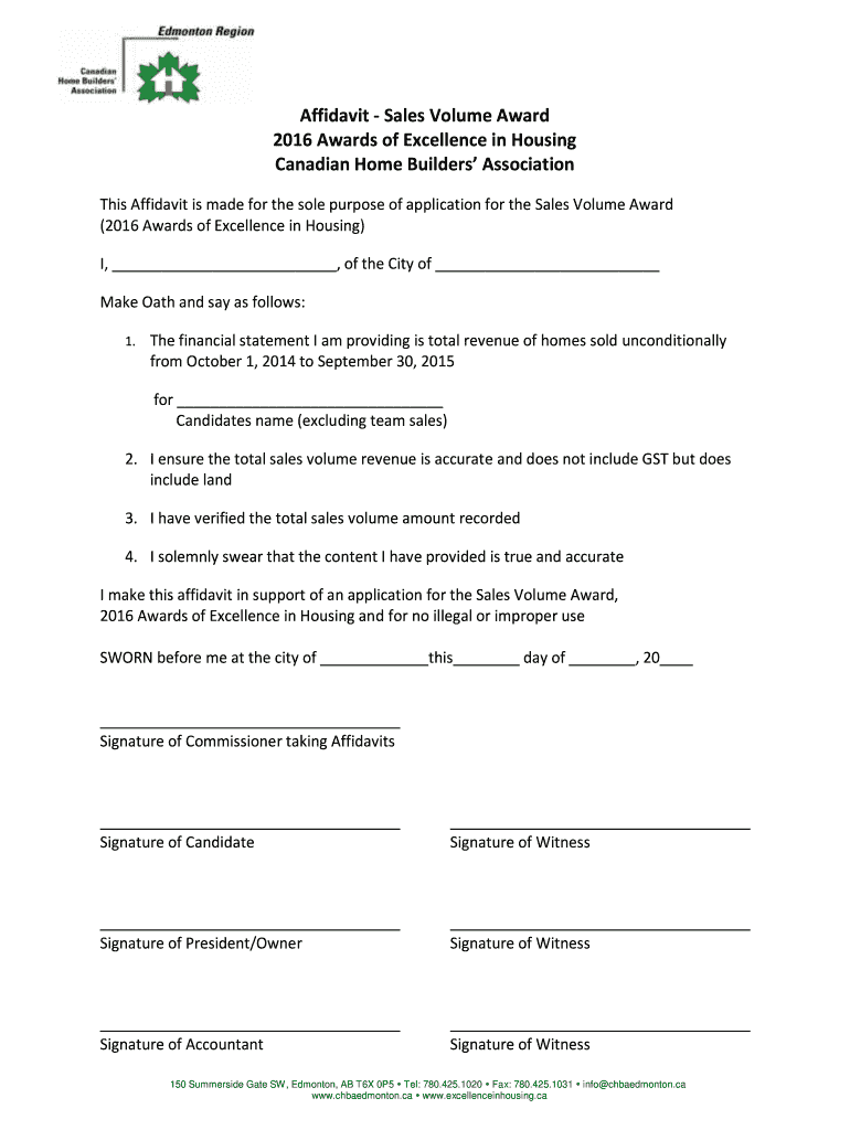 Fillable Online excellenceinhousing AFFIDAVIT OF SALES VOLUME AWARD ...