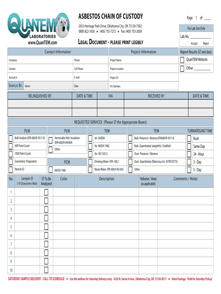 Fillable Online Legal Document Please Print Legibly Asbestos Chain Of fillable-online-legal-document-please-print-legibly-asbestos-chain-of