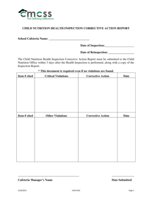 Fillable Online CHILD NUTRITION HEALTH INSPECTION CORRECTIVE ACTION bb ...