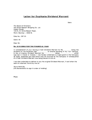 Fillable Online Letter for Duplicate Dividend Warrant - Great Eastern ...