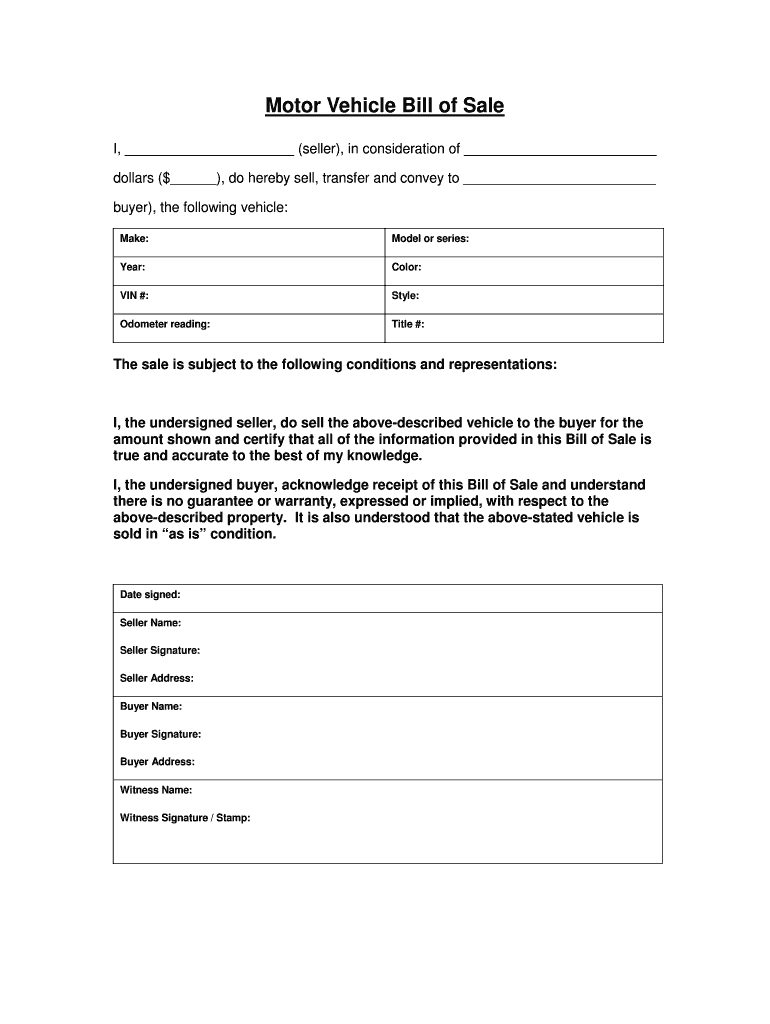 Fillable Online Blank Motor Vehicle Bill of Sale Fax Email Print ...