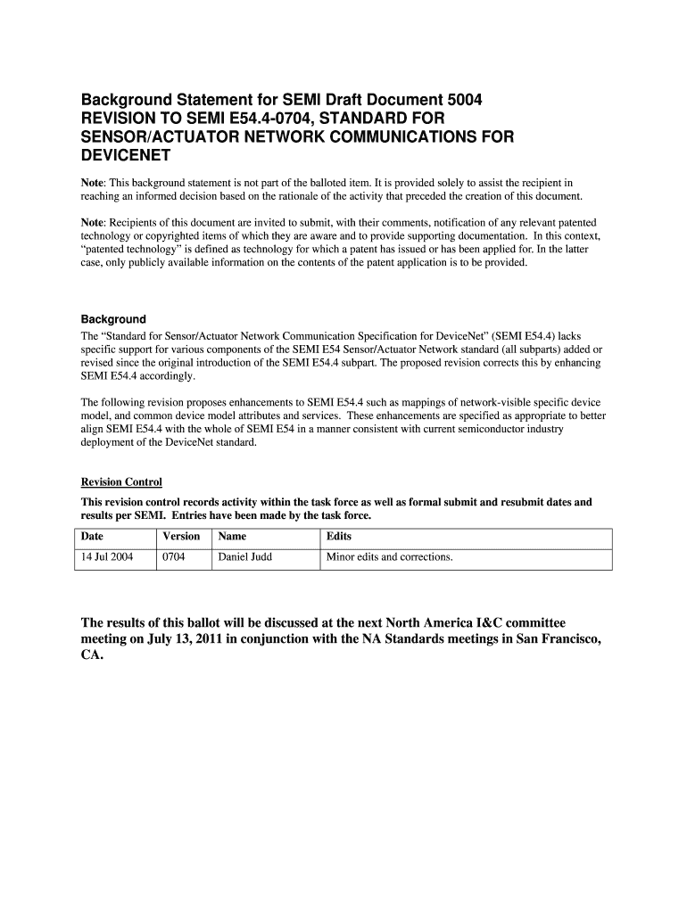 Fillable Online Background Statement for SEMI Draft Document 5004 Fax ...