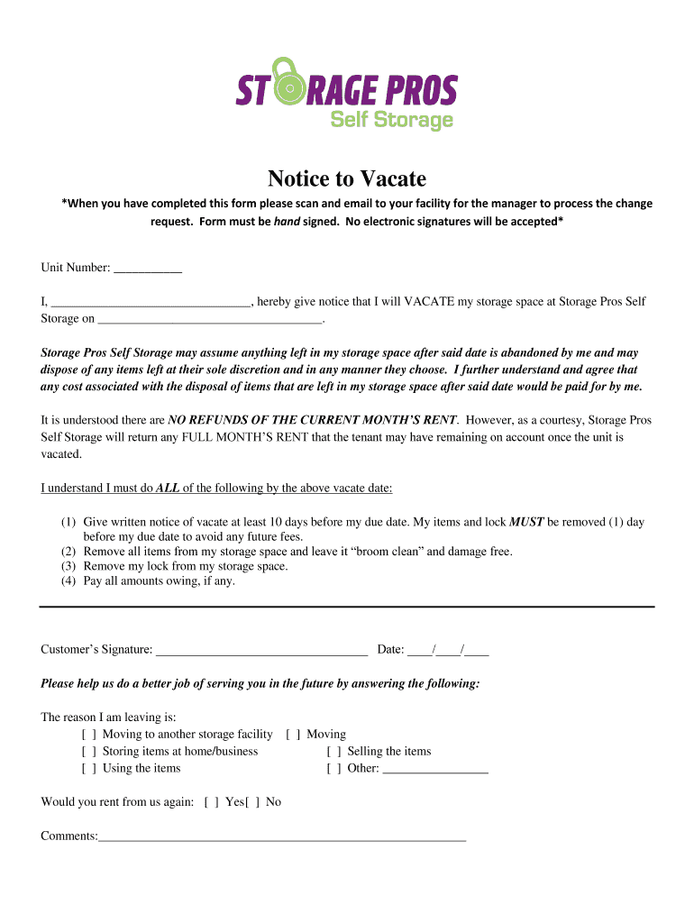 Fillable Online Notice to Vacate - Storage Pros Self Storage Units Fax ...