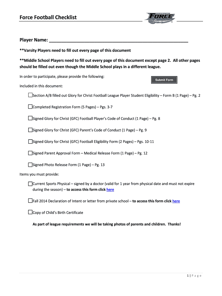 Fillable Online Force Football Checklist Fax Email Print - pdfFiller