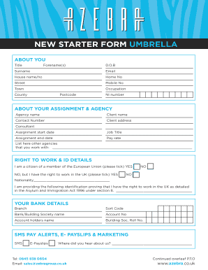 Fillable Online azebra co NEW STARTER FORM UMBRELLA - Umbrella Payroll ...