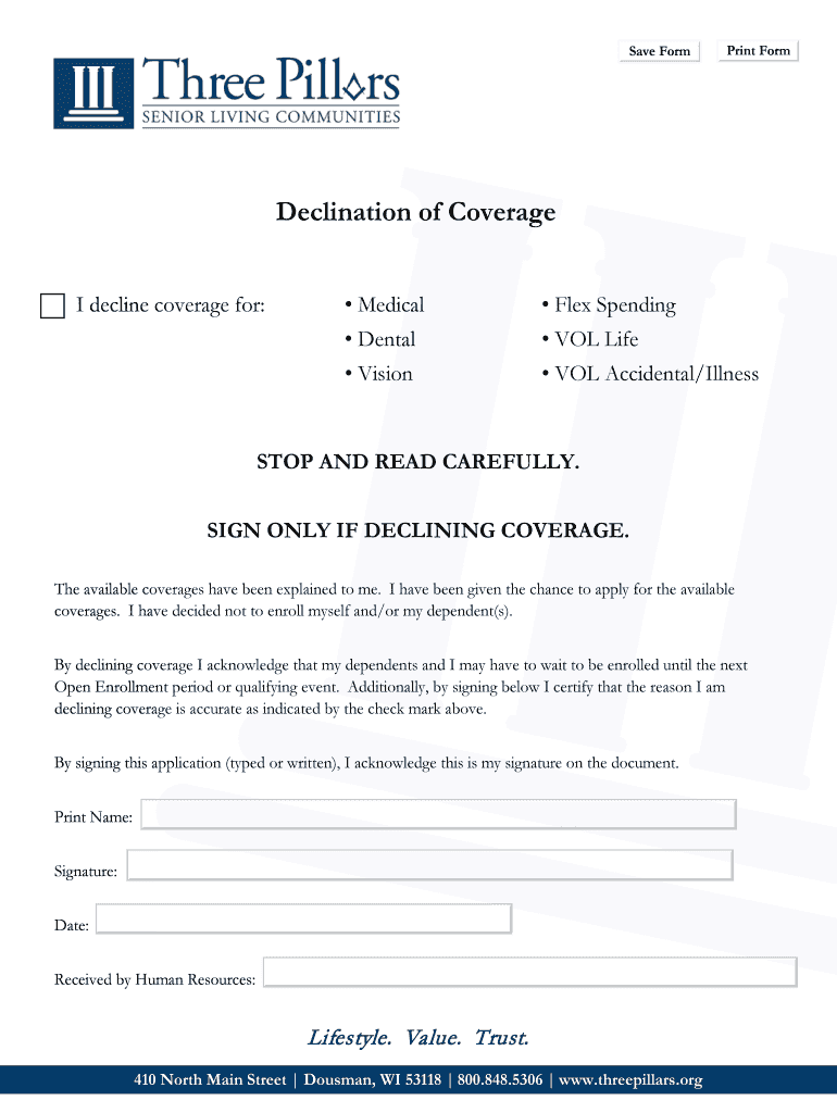 Fillable Online threepillars Declination of Coverage - Three Pillars ...