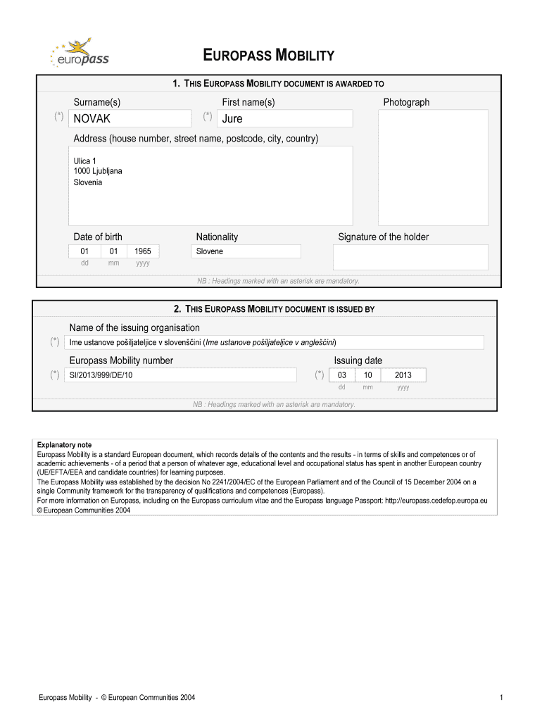 Fillable Online europass 1 THIS EUROPASS MOBILITY DOCUMENT IS AWARDED ...