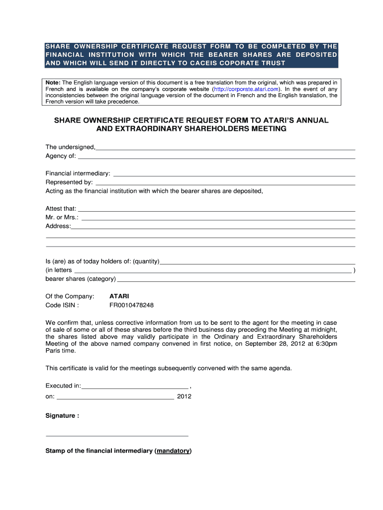 Fillable Online SHARE OWNERSHIP CERTIFICATE REQUEST FORM Fax Email ...