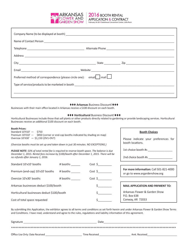 Fillable Online 2016 BOOTH RENTAL APPLICATION amp CONTRACT Fax Email ...