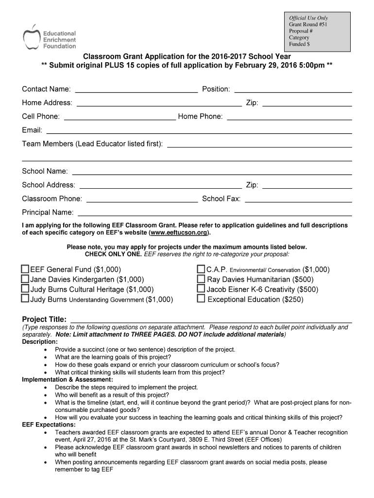 Fillable Online eeftucson Classroom Grant Application for the 2016-2017 ...