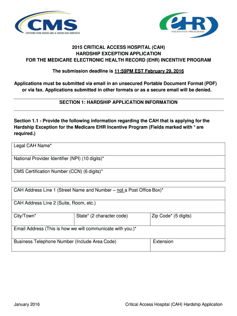 Fillable Online cms EHR CAH 2015 Hardship Exception Application Fax ...