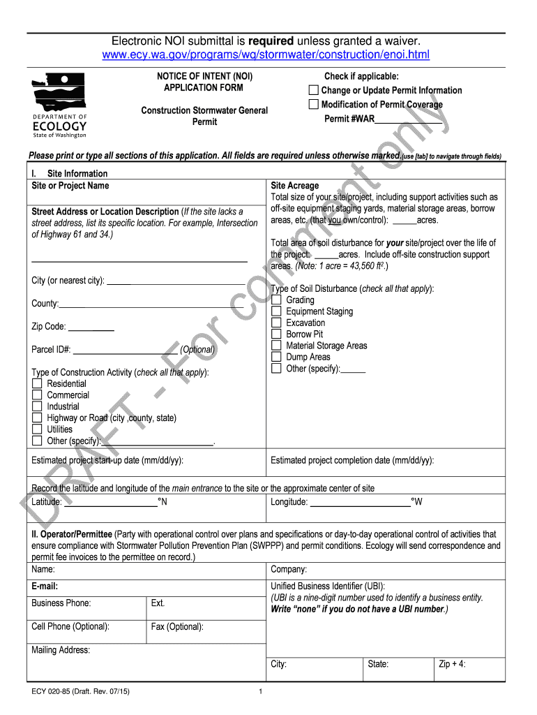 Fillable Online ecy wa Notice of Intent NOI Application Form ...