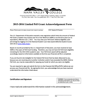 Fillable Online napavalley 2015-2016 Limited Pell Grant Acknowledgement ...