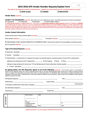 Fillable Online aps 2015-2016 APS Vendor Number RequestUpdate Fax Email ...