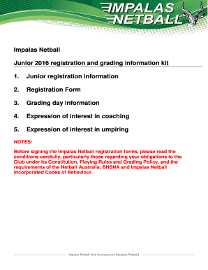 Fillable Online Impalas Netball Junior 2016 registration and grading ...
