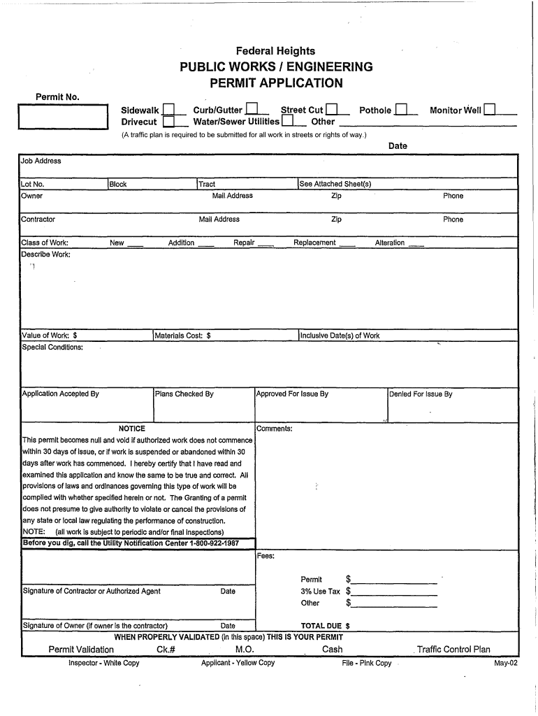 Fillable Online Federal Heights PUBLIC WORKS I ENGINEERING Fax Email ...
