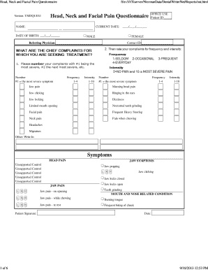 Fillable Online Head Neck and Facial Pain Questionnaire - M Fax Email ...