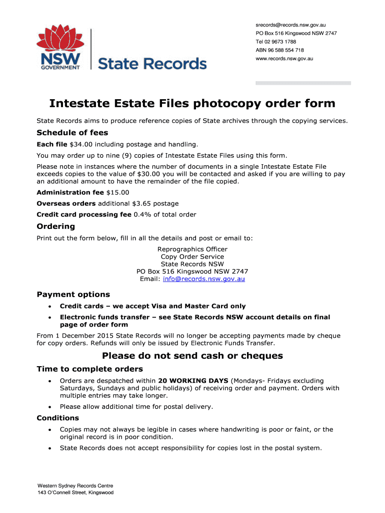 Fillable Online records nsw gov Intestate Estate Files copy order ...