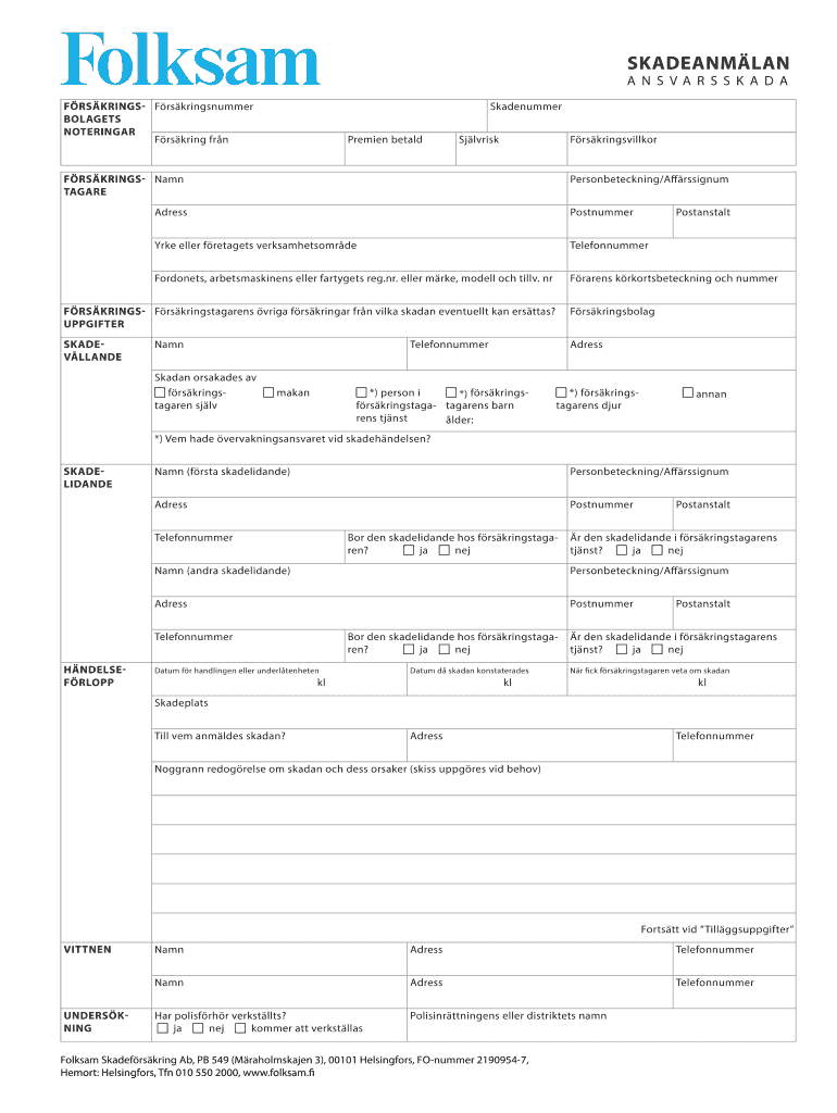 Fillable Online folksam Anmlan om ansvarsskada Fax Email Print - pdfFiller