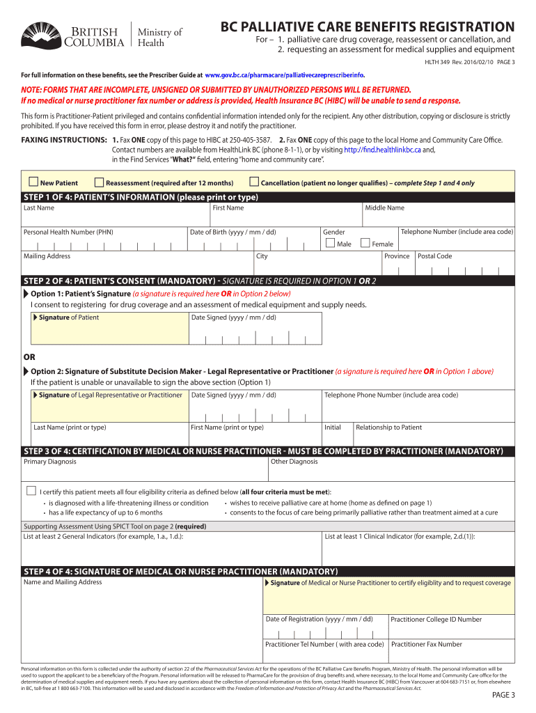 Fillable Online BC Palliative Care Benefits Registration bFormb Fax ...