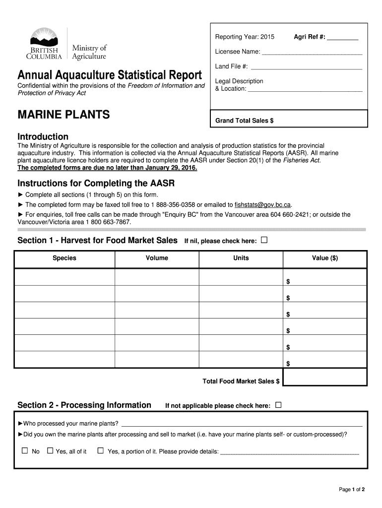 Fillable Online Annual Aquaculture Statistical Report 2015 Fax Email ...