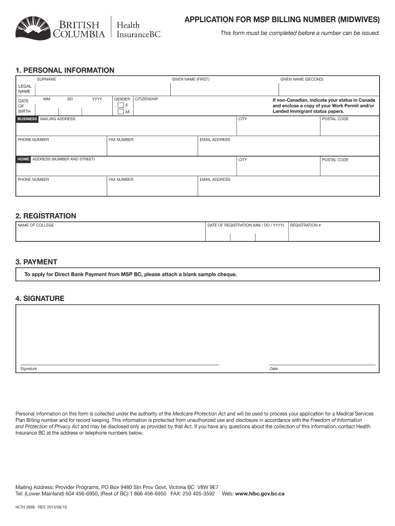 Fillable Online BApplicationb For MSP Billing Number Midwives Form Fax