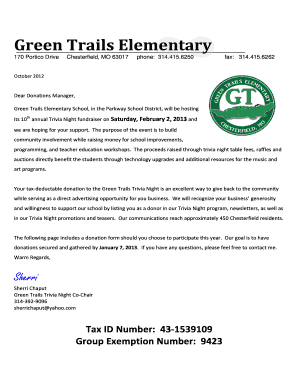 Fillable Online 2013 Green Trails Trivia Night Donations Letter Fax ...