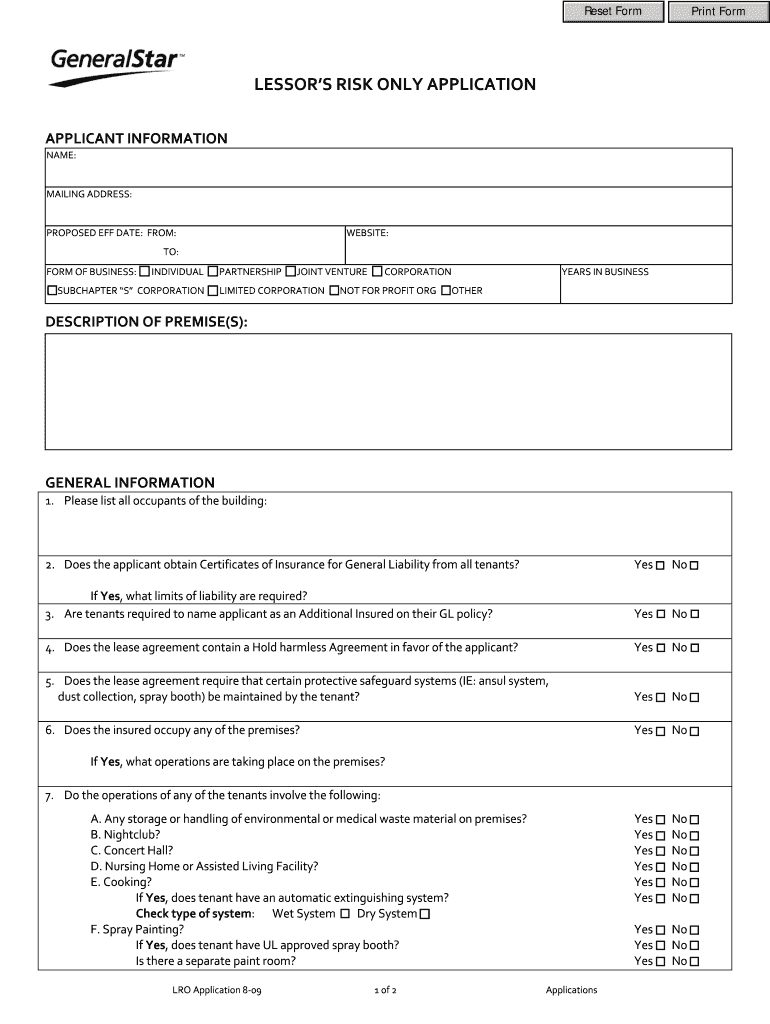 Fillable Online Lessors Risk bApplicationb - General Star Fax Email Print - pdfFiller