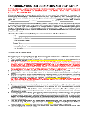 Fillable Online AUTHORIZATION FOR CREMATION AND Fax Email Print - pdfFiller