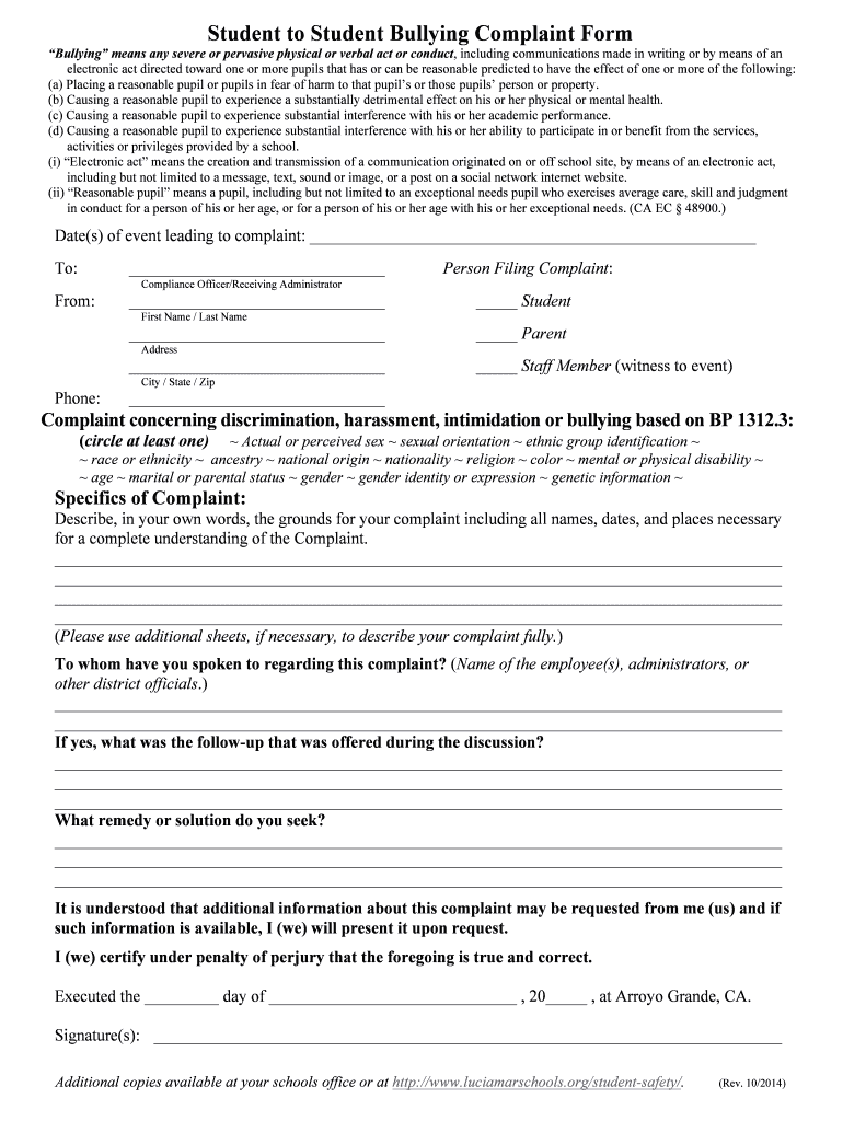 Fillable Online Student to Student Bullying Complaint bFormb Fax Email ...