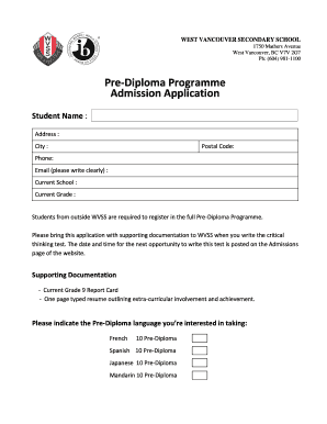 Fillable Online Pre-Diploma Programme Admission Application Fax Email ...