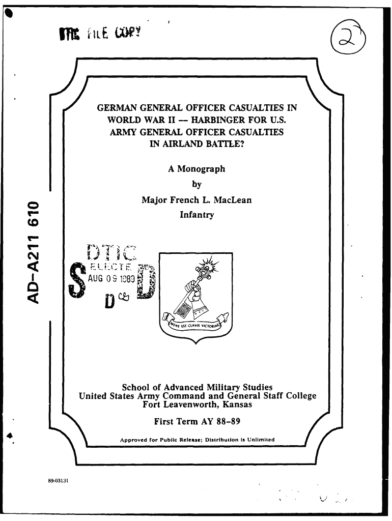 Fillable Online dtic ARMY GENERAL OFFICER CASUALTIES IN AIRLAND BATTLE ...