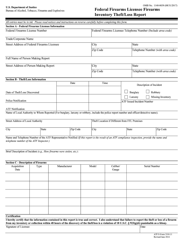Fillable Online atf Federal Firearms License Firearms Inventory Theft ...