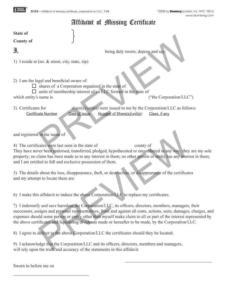 Fillable Online 3133Affidavit of missing certificate, corporation or ...