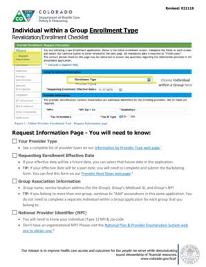 Fillable Online colorado General Enrollmnet and Revalidation Checklist - Individual in a Group ...