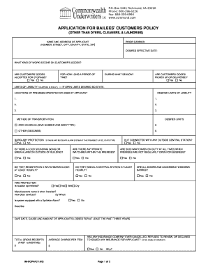 Fillable Online APPLICATION FOR BAILEES CUSTOMERS POLICY Fax Email ...