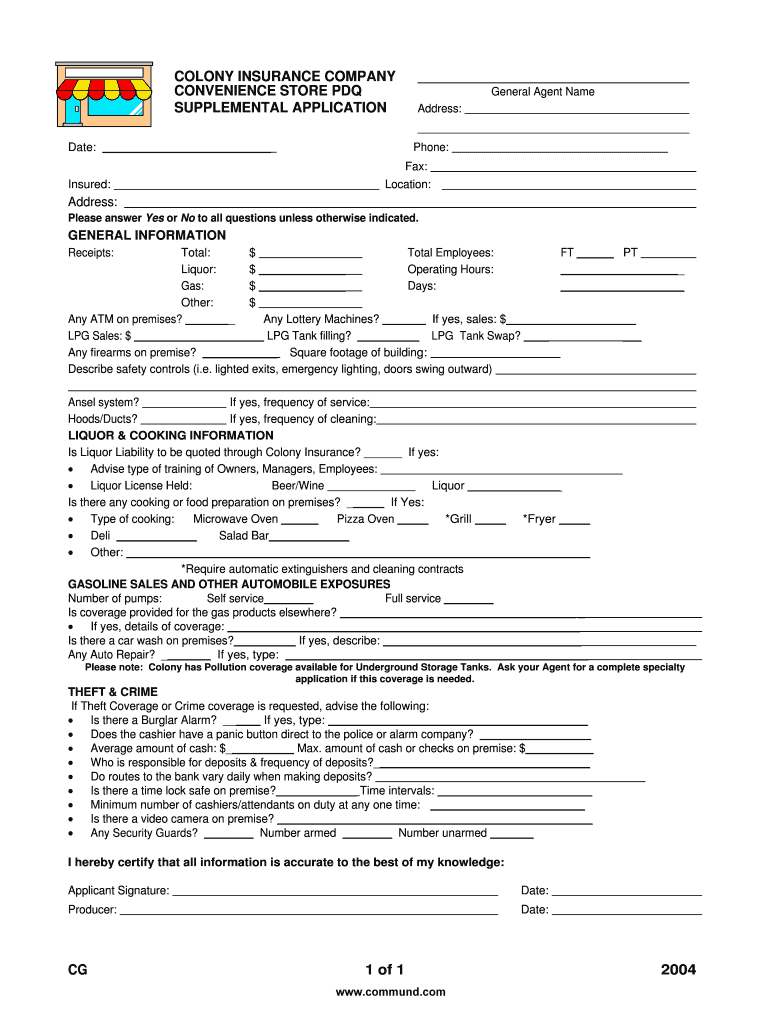 Fillable Online COLONY INSURANCE COMPANY CONVENIENCE STORE PDQ General ...