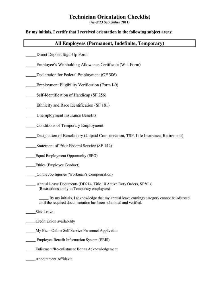 Fillable Online mil wa Technician Orientation Checklist - Washington Air National - mil wa Fax ...