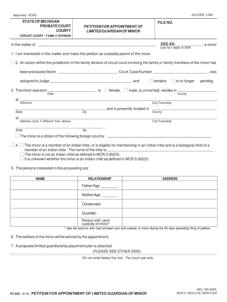 Fillable Online Approved SCAO JIS CODE LGM STATE OF MICHIGAN FILE NO ...