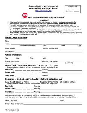 Fillable Online ksrevenue TR-715 Personalized Plate Application Fax ...