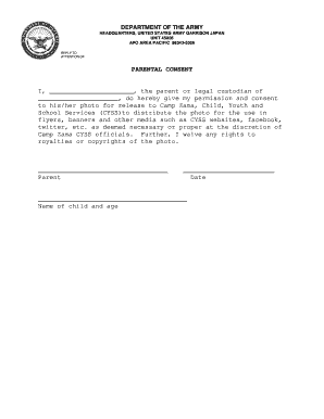 Fillable Online PARENTAL CONSENT - Army MWR Fax Email Print - pdfFiller