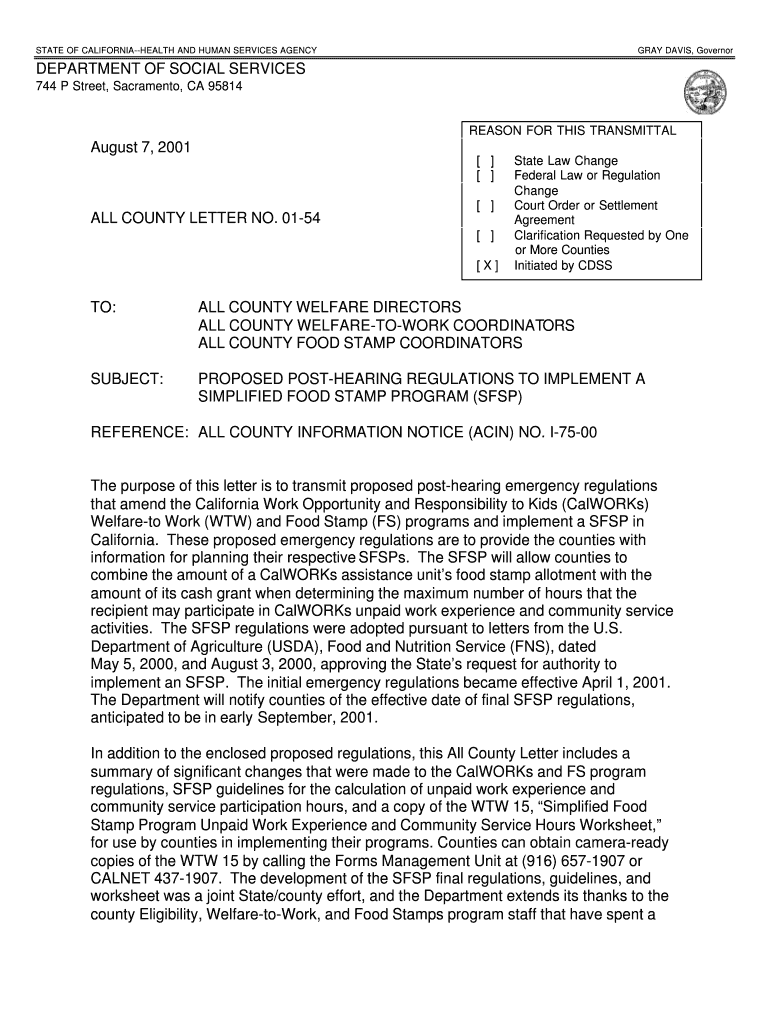 Fillable Online dss cahwnet All County Letter 01-54 - dsscahwnetgov Fax ...