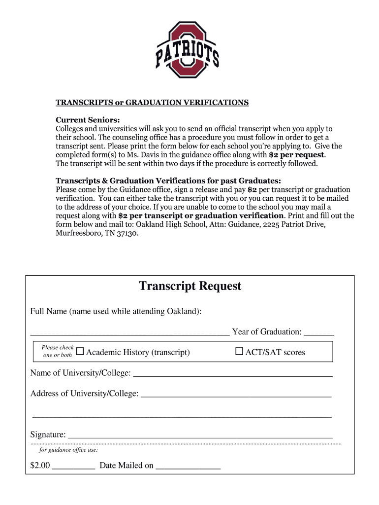 Fillable Online ohs rcs k12 tn TRANSCRIPTS or GRADUATION VERIFICATIONS - Oakland High Fax Email ...